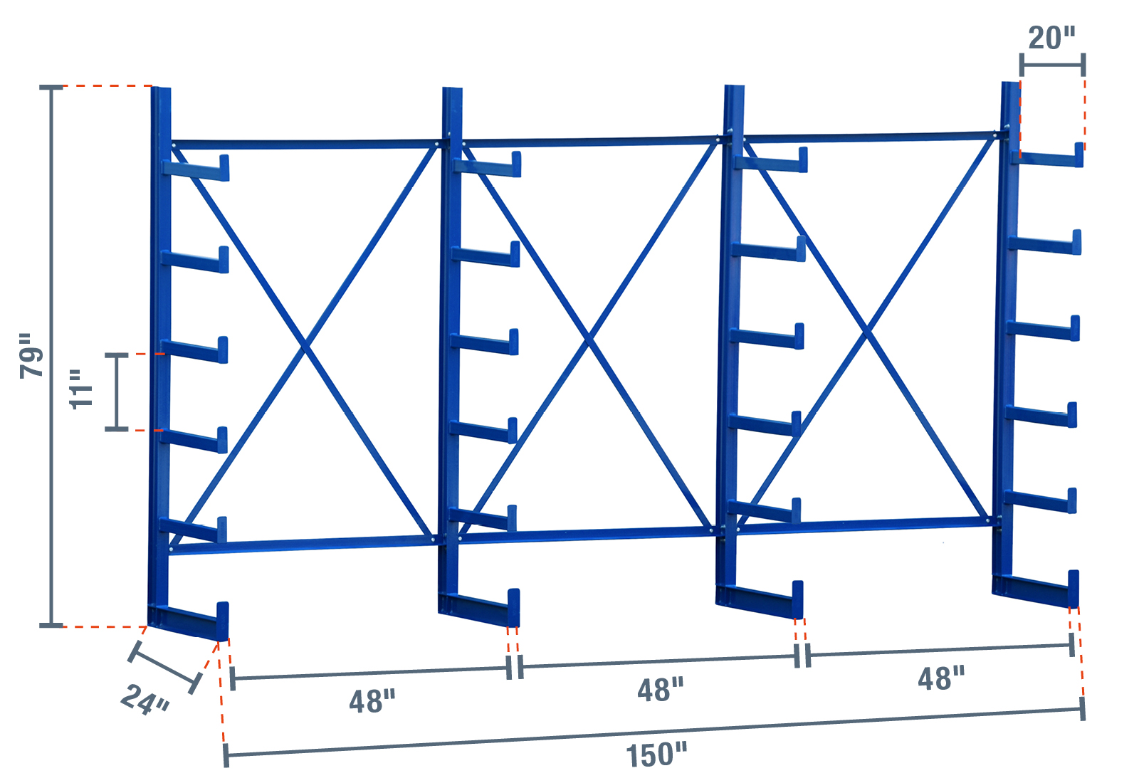 Single-sided Cantilever Rack KR2500 / 79" H x 150" W / 2" Lip / 5 ...